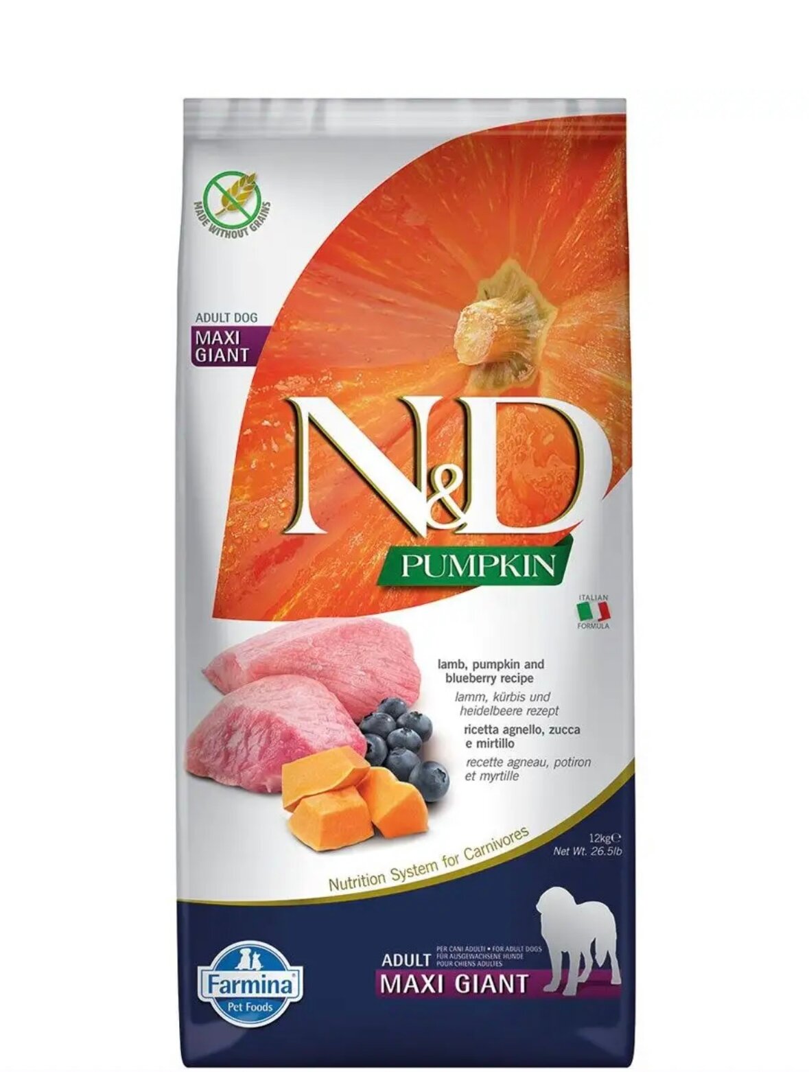Сухой корм Farmina ND Dog Pumpkin Lamb / Blueberry Adult GIANT Maxi для взрослых собак гигантских пород с ягненком и черникой, 12кг