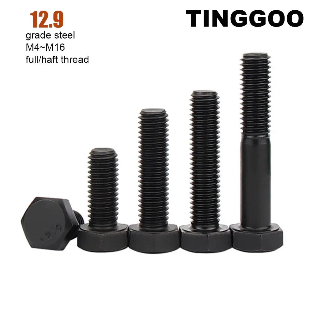 TINGGOO Болты шестигранные черные легированные сталь 12.9 М4-М16 10pcs M5(full thread, 45mm