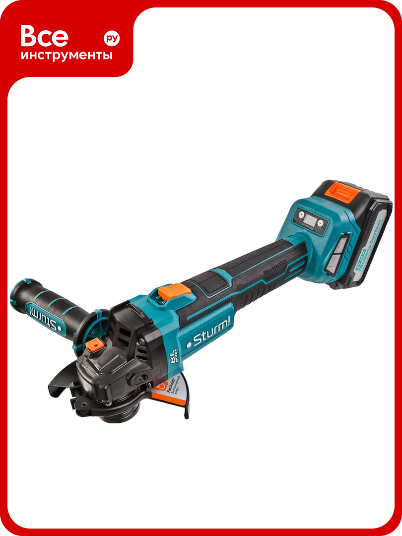 Аккумуляторная бесщеточная угловая шлифмашина Sturm, 18В, 1BatterySystem, 125мм, плавный пуск, 1x4Ач, кейс CAG18125BLE