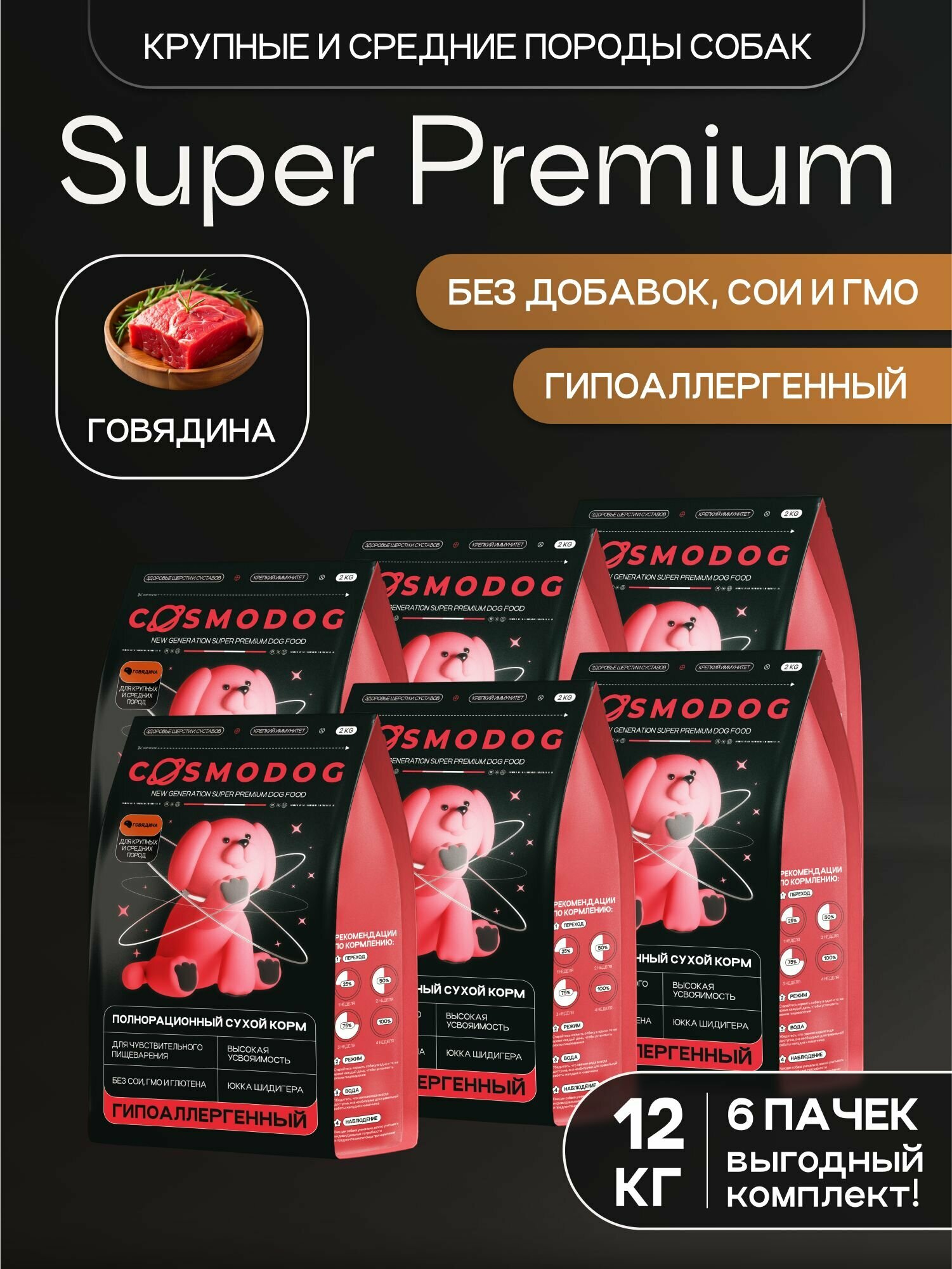 Корм для собак сухой с говядиной и индейкой 12 кг Cosmodog гипоаллергенный холистик для крупных и средних пород