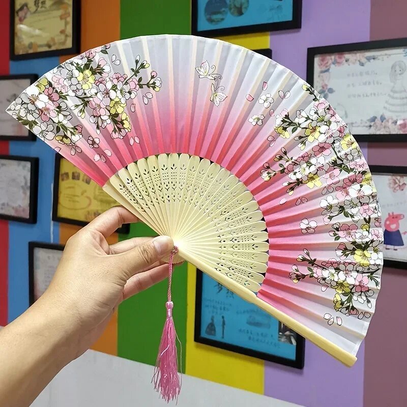 Складной бамбуковый веер с кисточкой Розовый, No.7