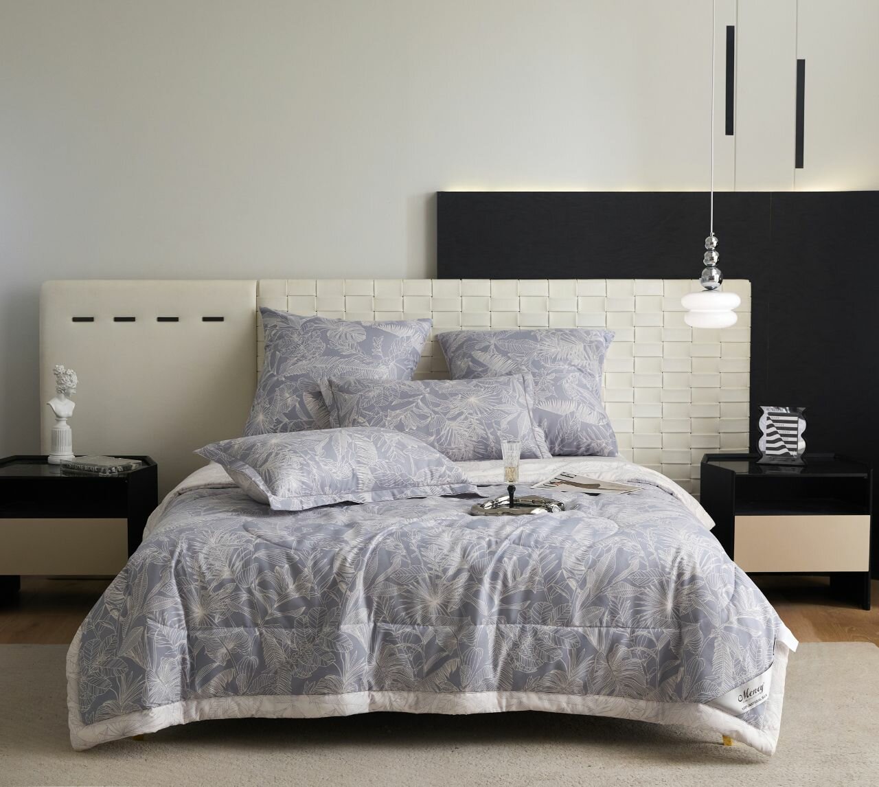 Комплект Постельного белья с одеялом Mency Евро - Голубой Листья / Евро /одеяло 200х220/ Простыня 220-240 / Наволочки 50x70, 70x70