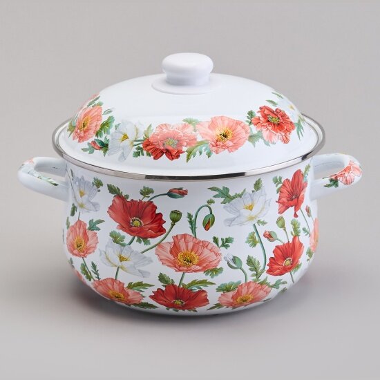 Кастрюля Agness "маки" эмалированная, с эмал. крышкой, 3.6 л, 22*13 см.