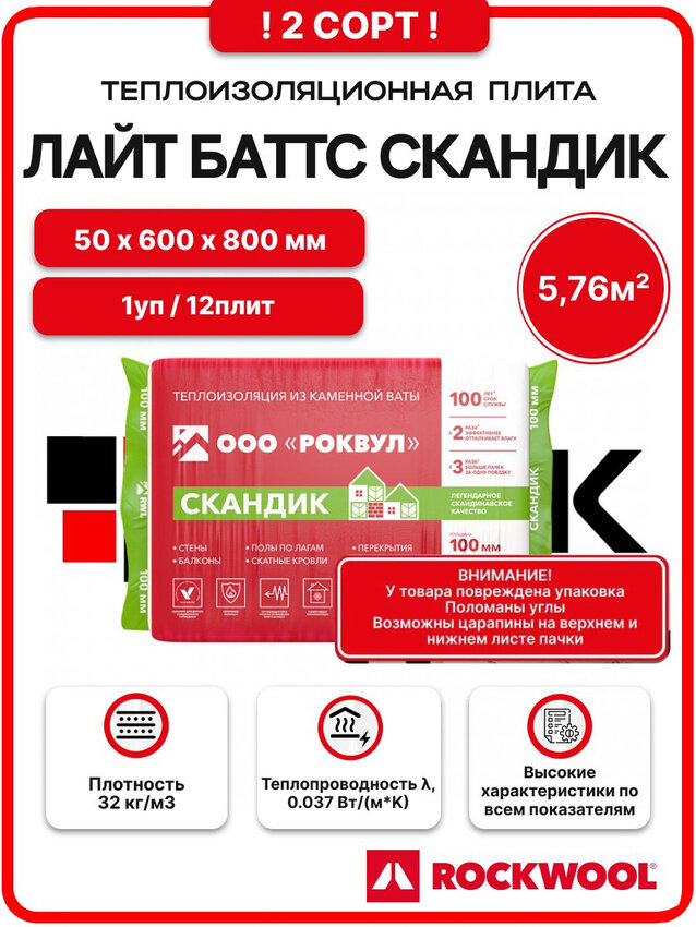 Rockwool Лайт Баттс Скандик 50 мм 2 сорт ( 1 уп. / 5,76 м2/ 12 плит) минеральная вата для стен, пола, потолка