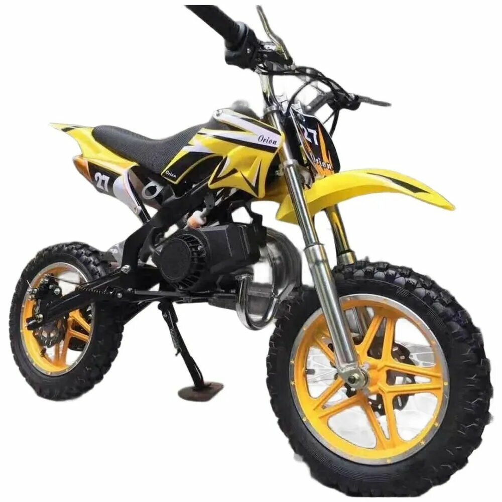 Детский внедорожный мотоцикл объемом 49 куб. см (60 км/ч), оснащенный 10-дюймовыми шинами для бездорожья, желтого цвета
