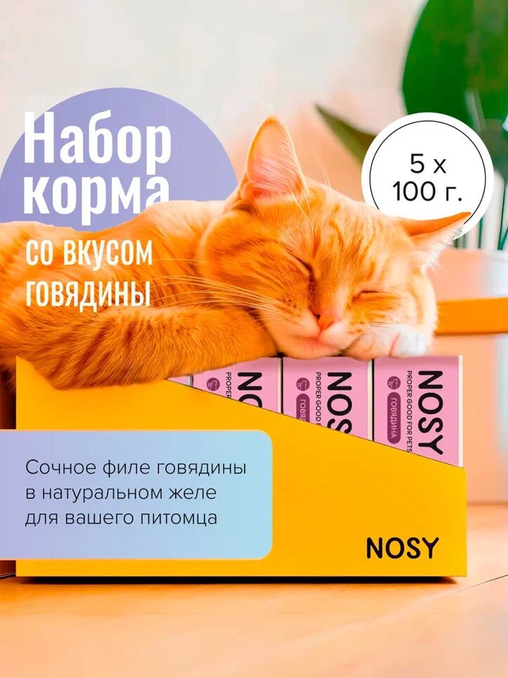 Влажный корм для кошек, премиум, Nosy, говядина, 5 шт по 100 гр