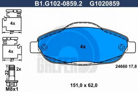 Колодки тормозные передние, B1G10208592 Galfer B1. G102-0859.2