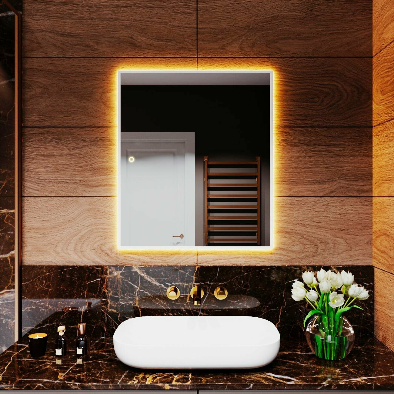 Зеркало настенное 70х70 см. BLX MIRROR с подсветкой в ванную сенсорное в алюминиевой раме, Белое