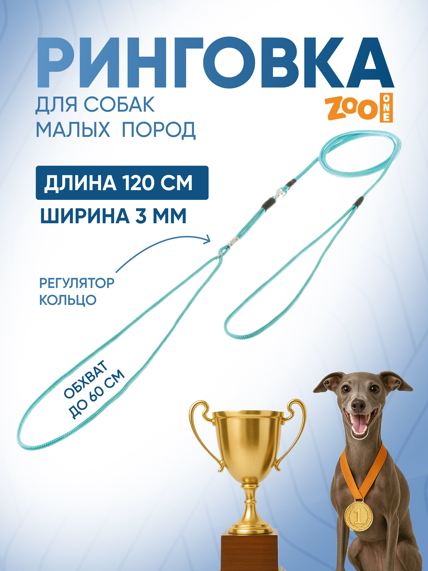 Ринговка для собак круглая с кольцом, обхват до 60 см, нейлон ширина 3 мм, длина 120 см, винил, бирюзовая, ZooOne