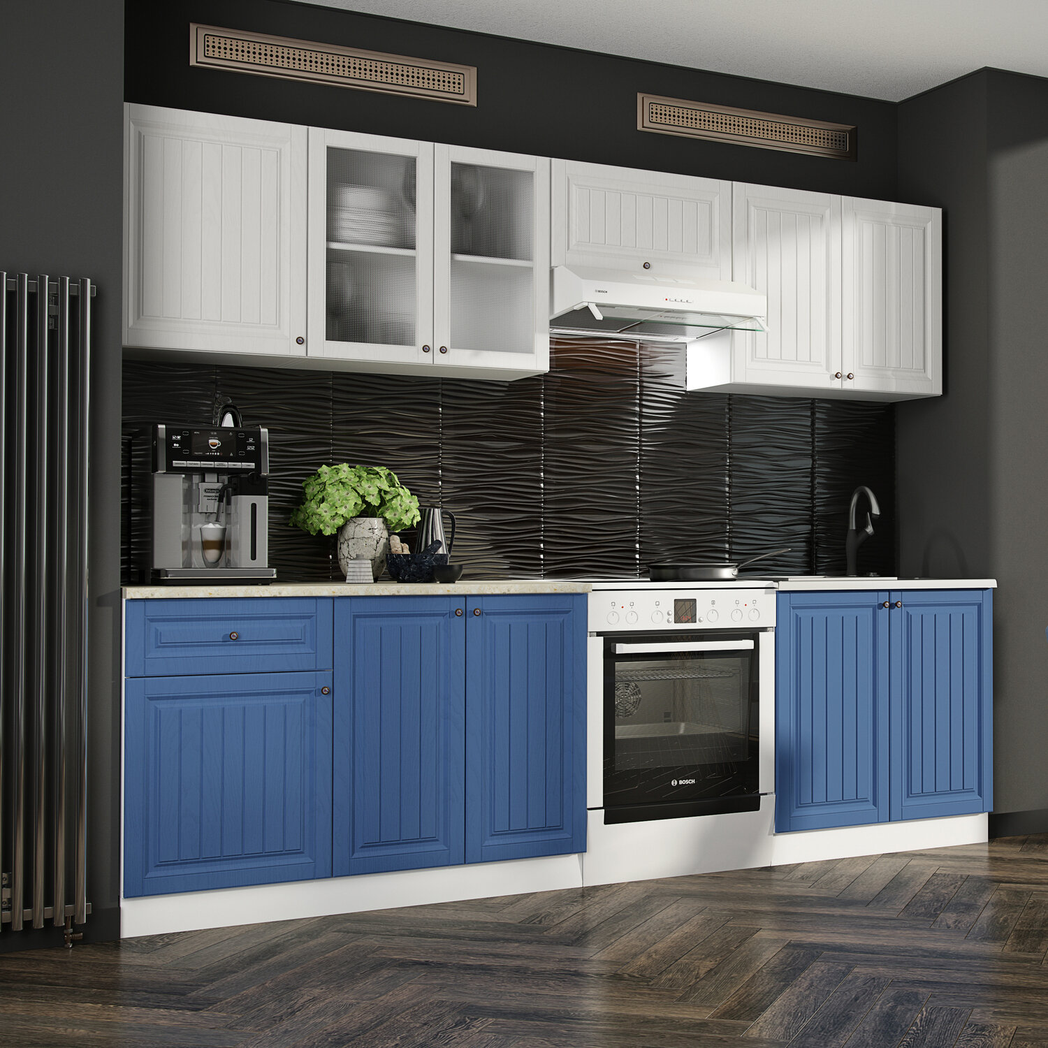 Кухонный гарнитур, готовый комплект Хозяюшка 2.6 метра Магнолия Деним/Белый