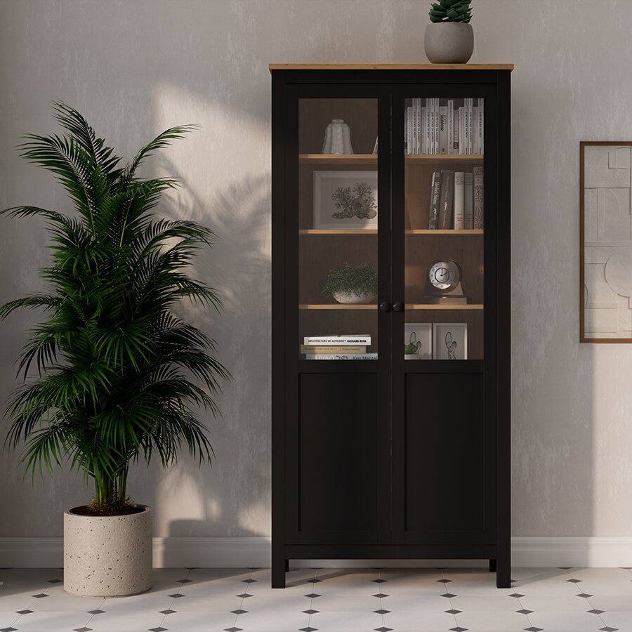 Шкаф-витрина Хемнэс/Кымор, ст/пн 90х197х36 см, черный/светло-коричневый