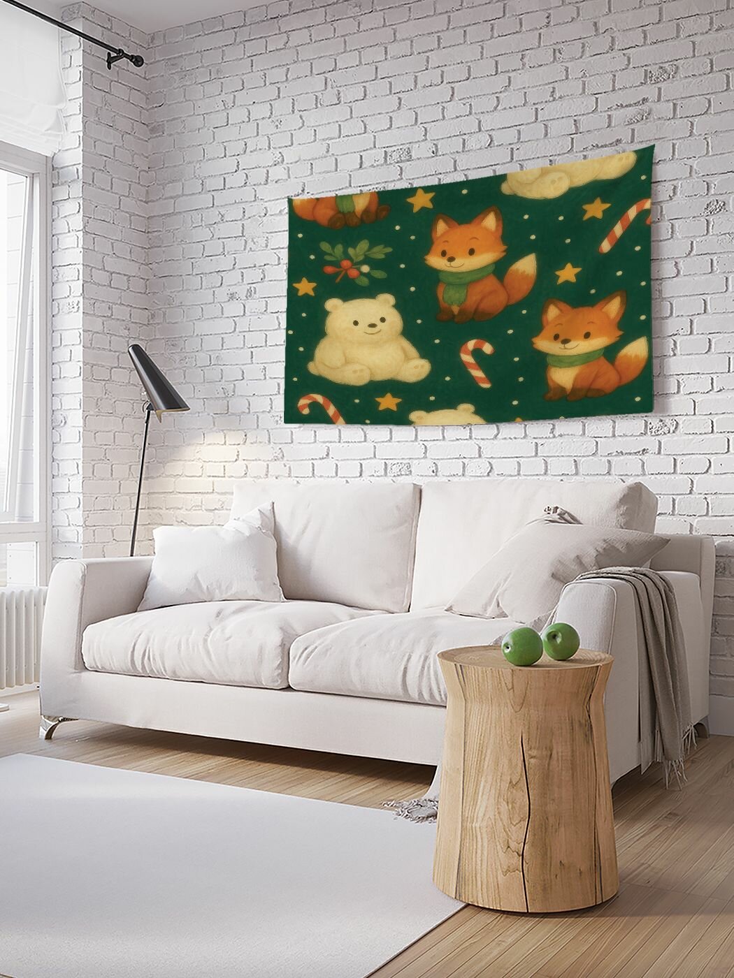 Фотопанно на стену тканевый горизонтальный "Лис и медвежонок", 150х200 см, JoyArty, серия Новый год