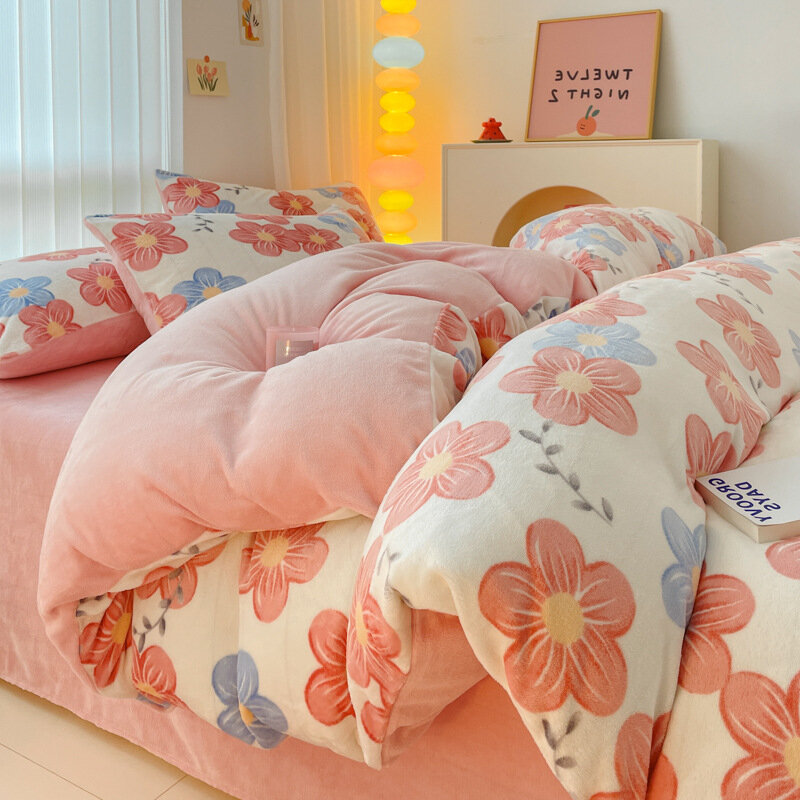 Свежий и элегантный комплект постельного белья из молочного флиса из четырех частей, зимний фланелевый пододеяльник из утолщенного молочного флиса, простыня, постельное белье для общежития,180*200cm