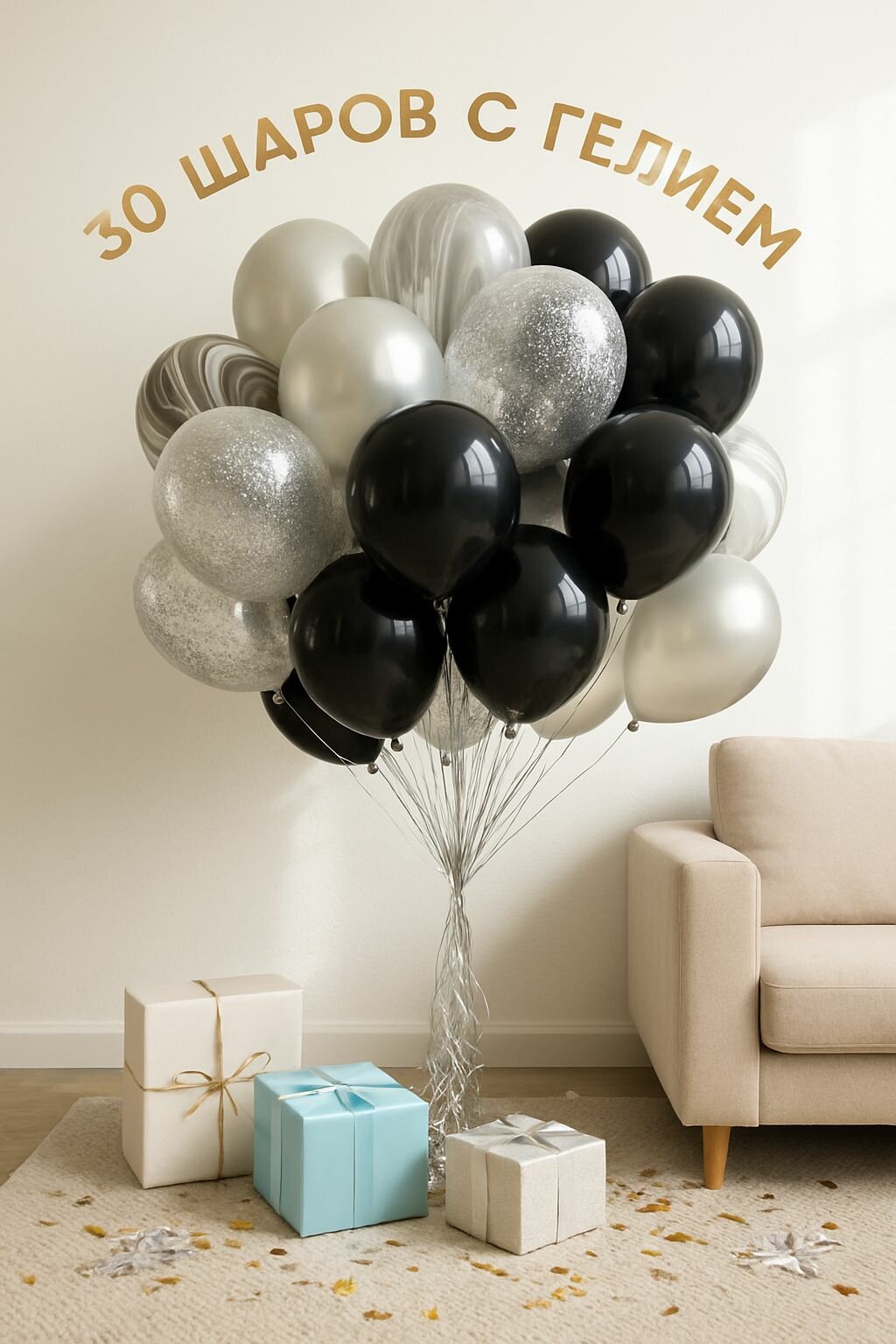 Воздушные гелиевые шары под потолок, надутые в фонтан из латексных шаров "Мраморное облако", 30 шт