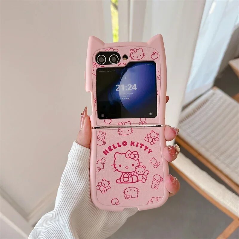 MINISO Мягкий кожаный чехол для телефона Samsung Galaxy Z Flip 6/5 с милыми мультяшными персонажами Sanrio и Hello Kitty, также совместимый с Z Flip 4/3, с ремешком, Ма