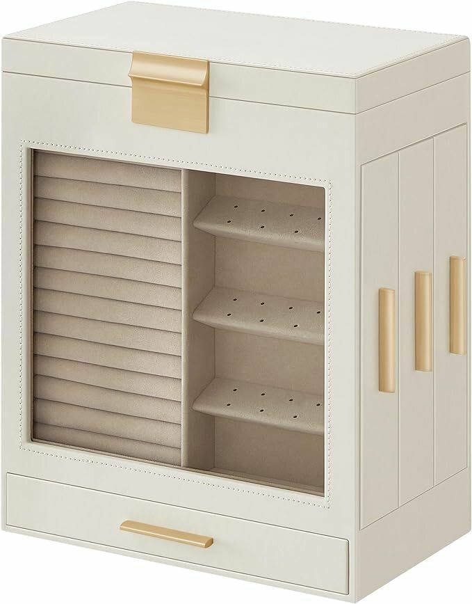 Шкатулка для драгоценностей SONGMICS - многоуровневая, с зеркалом, белый+золото, JBC162W01