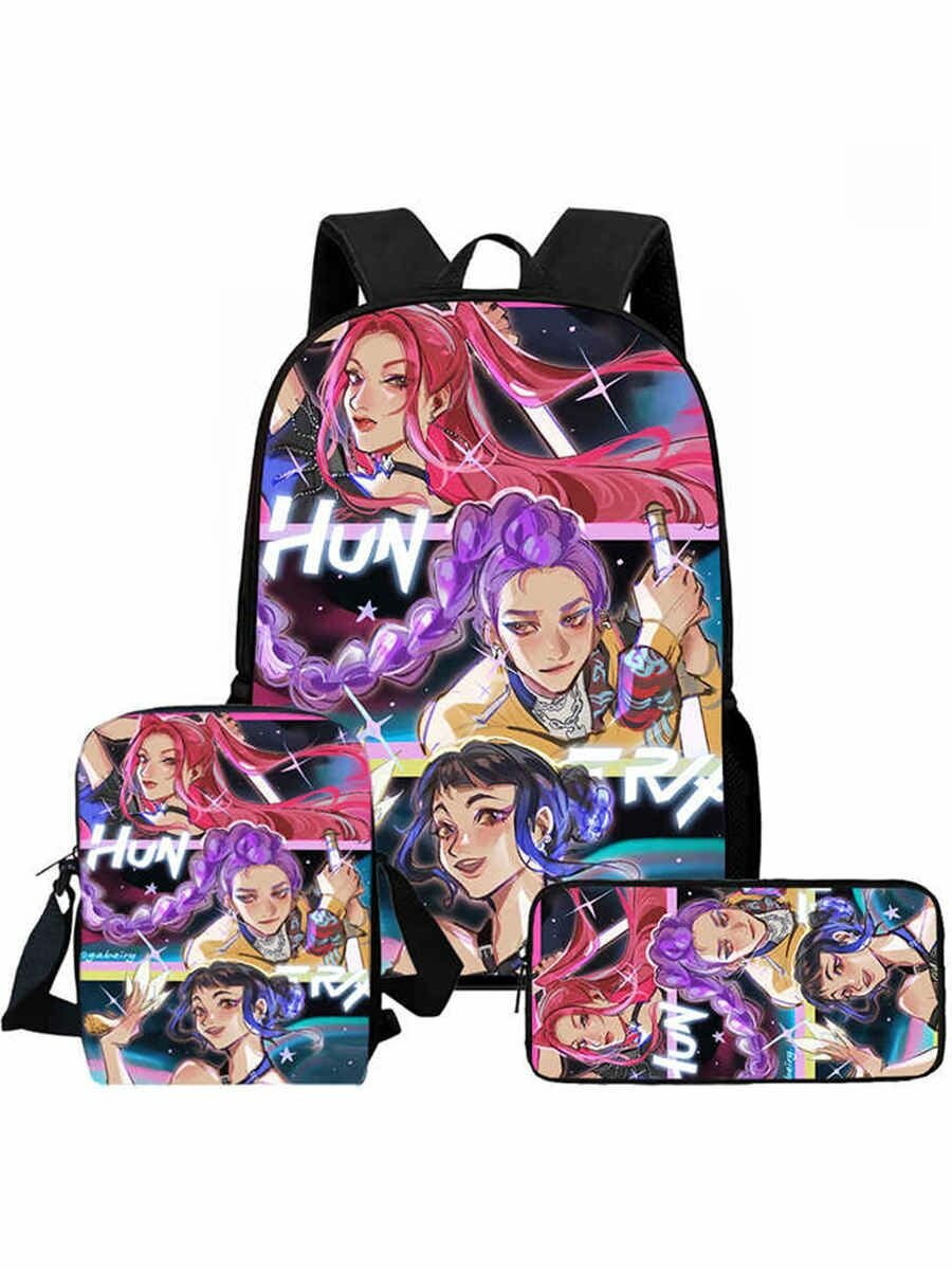 Детский набор из 3 предметов с принтом "K-POP Demon Hunter": рюкзак, сумка через плечо и пенал. Для школы, путешествий и кемпинга.