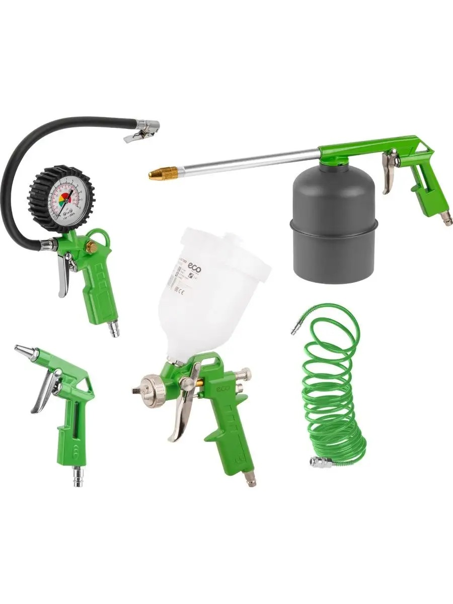 Набор пневмоинструмента для компрессора ECO SGK-5, 5 предметов, Для прокачки, Моющий, Продувочный