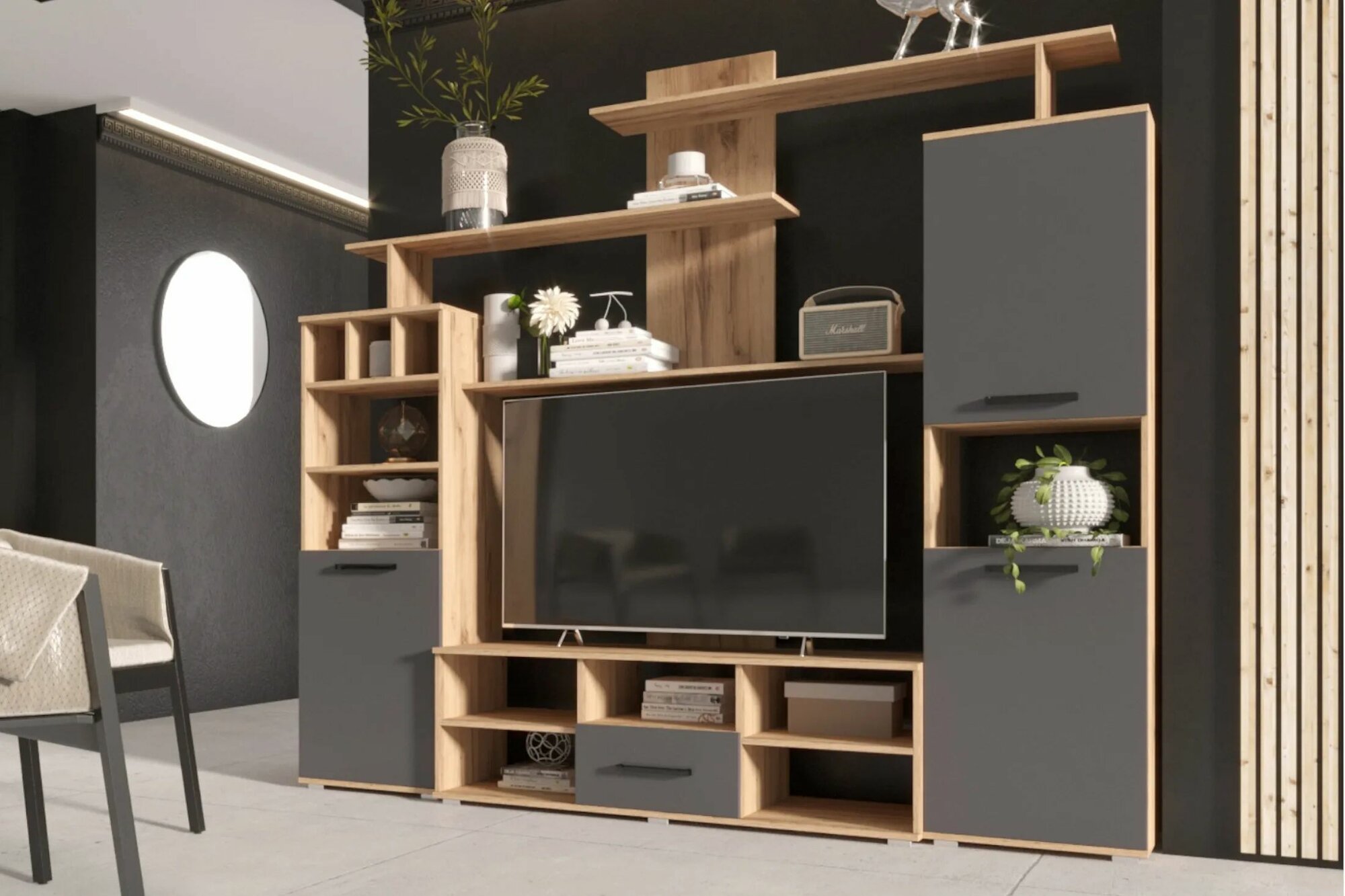 Гостиная Мини-2 (Графит Софт NEW, Дуб Крафт)