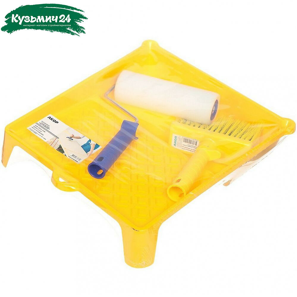 Набор малярный Акор 903 06 180, Для обоев, валик поролон 180 мм, ванночка большая, кисть макловица, 1 шт.