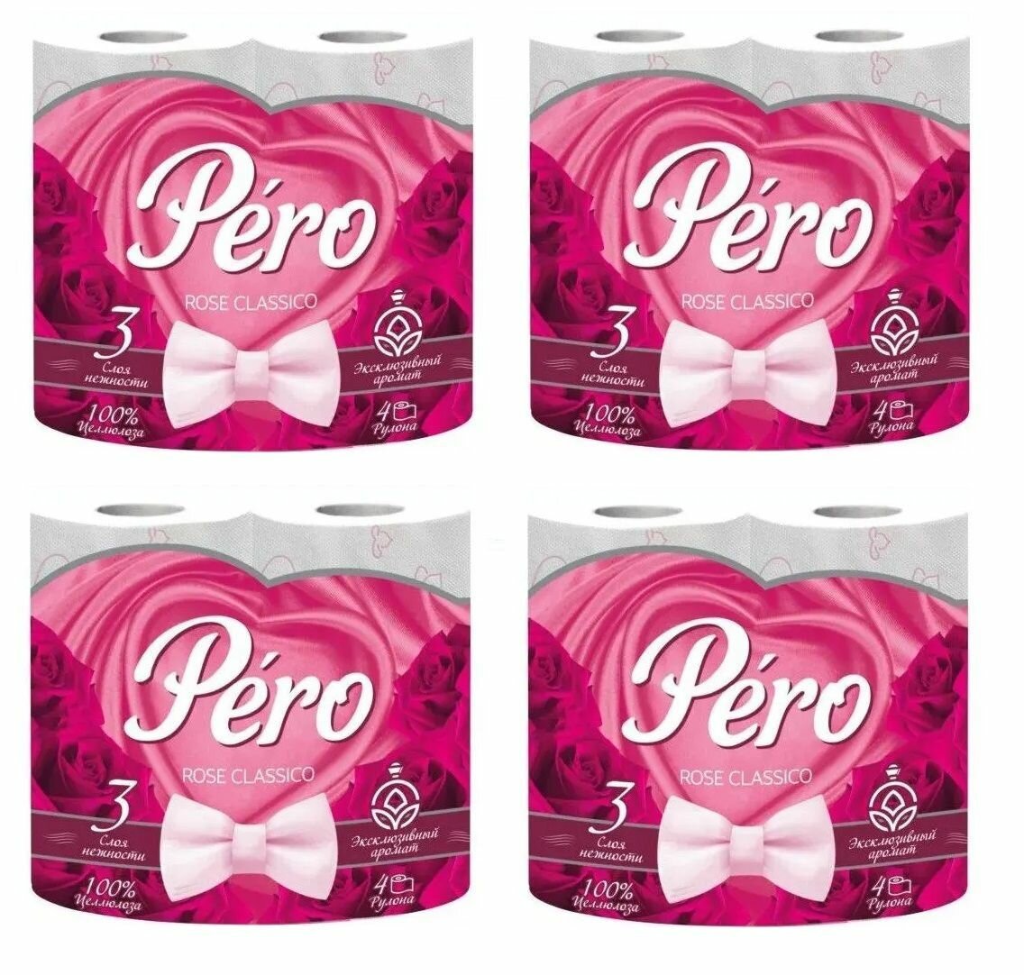 Туалетная бумага Pero Rose, 3 слоя, 4 шт, белая, 4 уп.