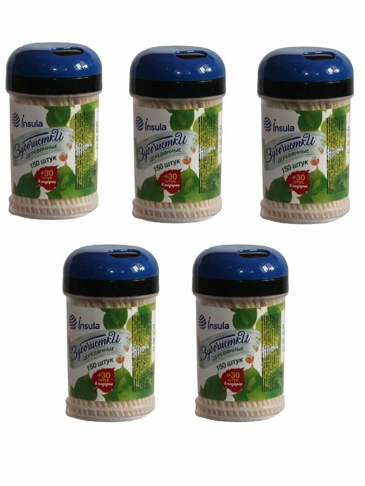 Зубочистки Insula, пластиковая банка, 150+30 шт, 5 уп.