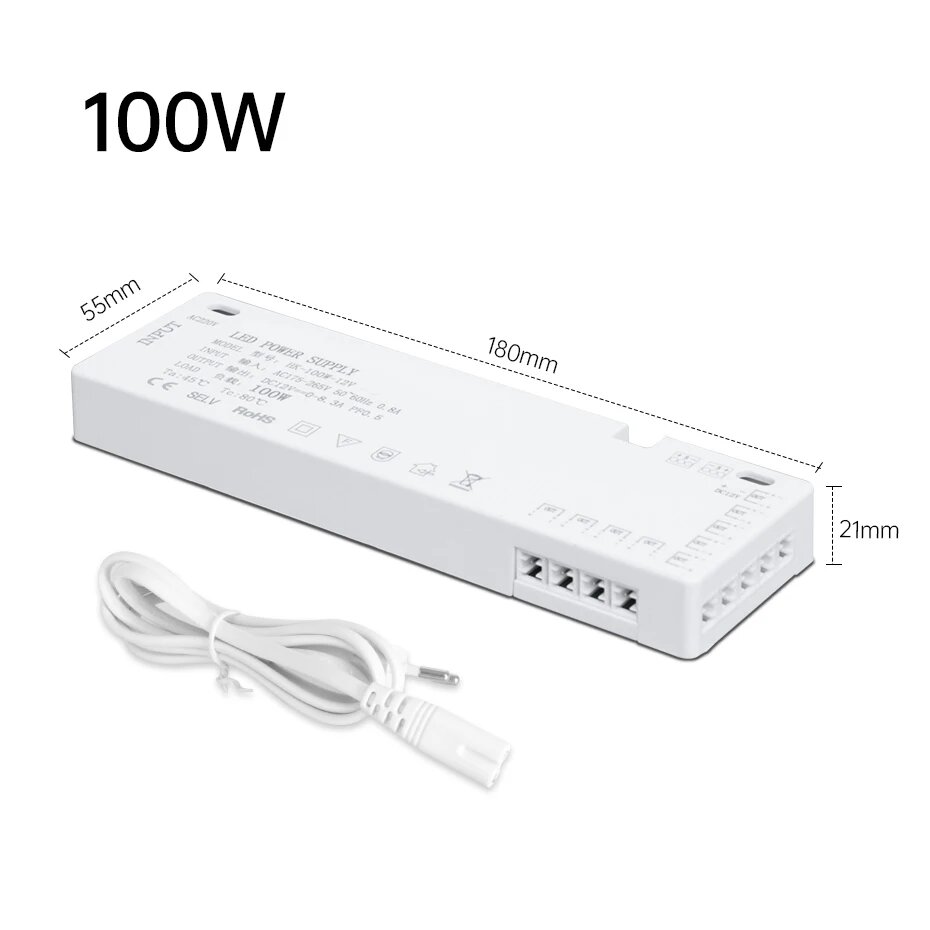 AC220V Светодиодный трансформатор освещения шкафа DC12V/24V 24W 36W 60W 100W 150W 200W Драйвер для шкафа/полки с портом DuPont 100W, DC 12V, EU Plug 220V