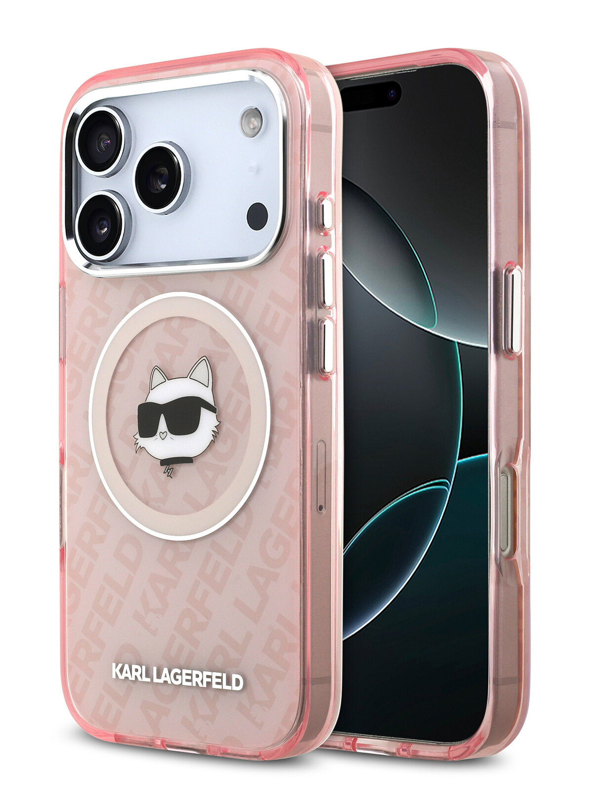 Чехол Karl Lagerfeld на iPhone 17 Pro, с магнитами MagSafe, с принтом IML Design, с бортиком вокруг камеры, розовый