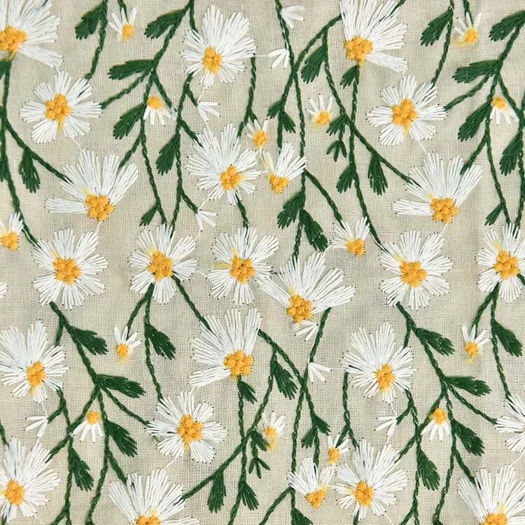 Льняная хлопковая ткань с вышивкой ромашек Белый, 45cmX120cm (0.5yard), 1