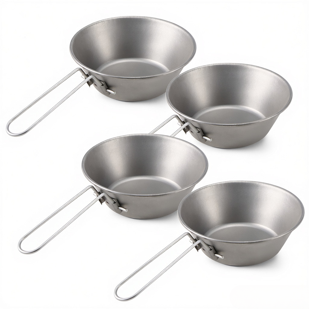 4pcs Titanium Bowl 260ml with Foldable Handle for Outdoor Camping Hiking Backpacking Picnic, Material Titanium, Top Diameter 123mm, Bottom Diameter 80mm, Height 43mm, Handle Length 90mm, Weight 216g