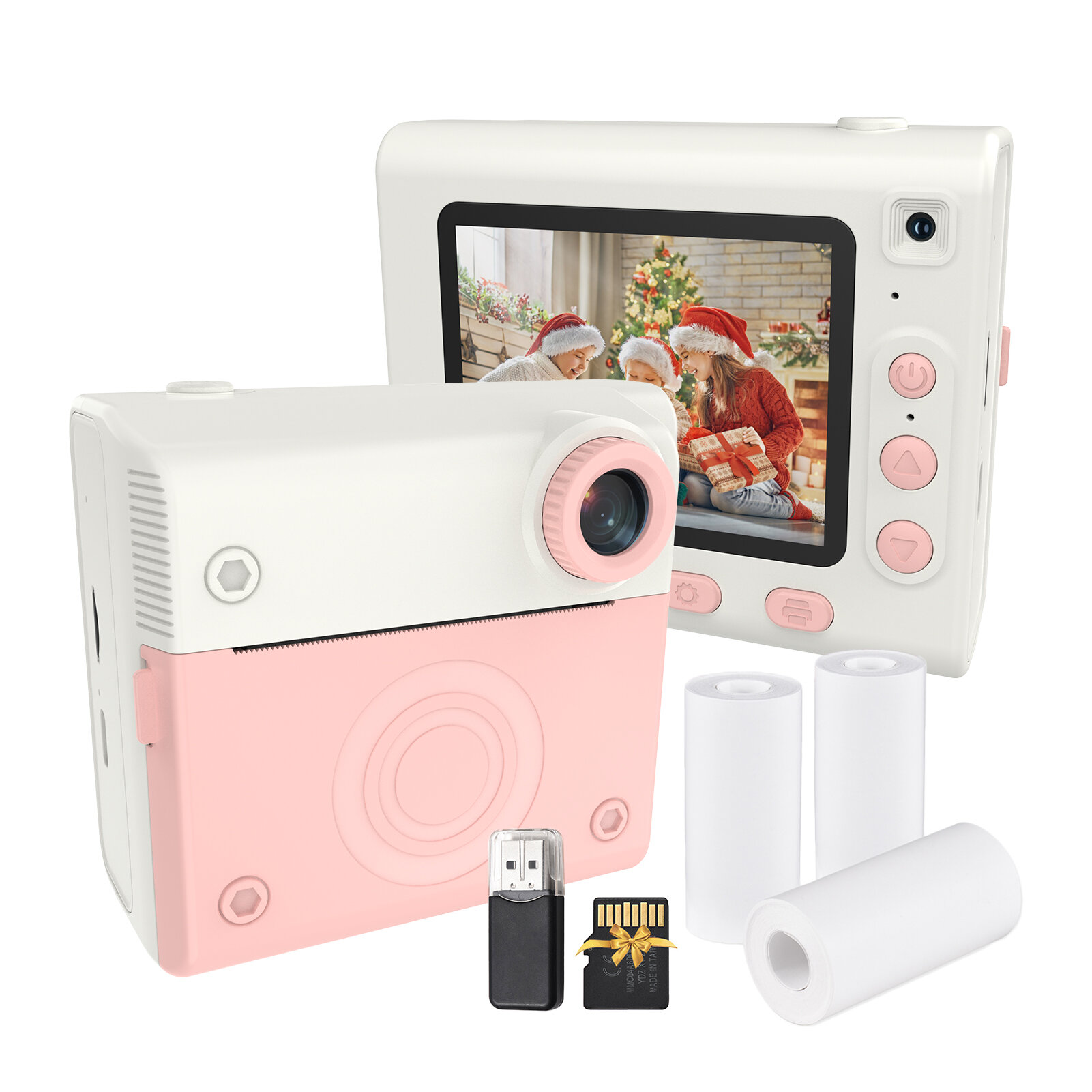 Детская камера с мгновенной печатью Kids Instant Print Camera 1080P цифровая видеокамера с двойной линзой экран IPS 2.8 дюйма встроенный аккумулятор рамки для фотографий 3 рулона термопaper подвеска 32ГБ карта TF Розовый Синий