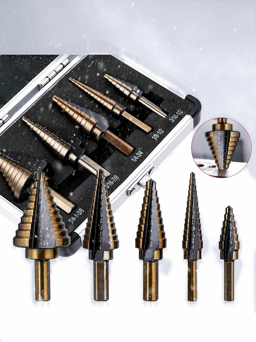 Набор ступенчатых сверл по металлу с титановым покрытием в кейсе 5шт (6-35, 5-22, 6-19, 5-13, 3-12мм)/сверло ступенчатое по металлу/трехгранный хвостовик