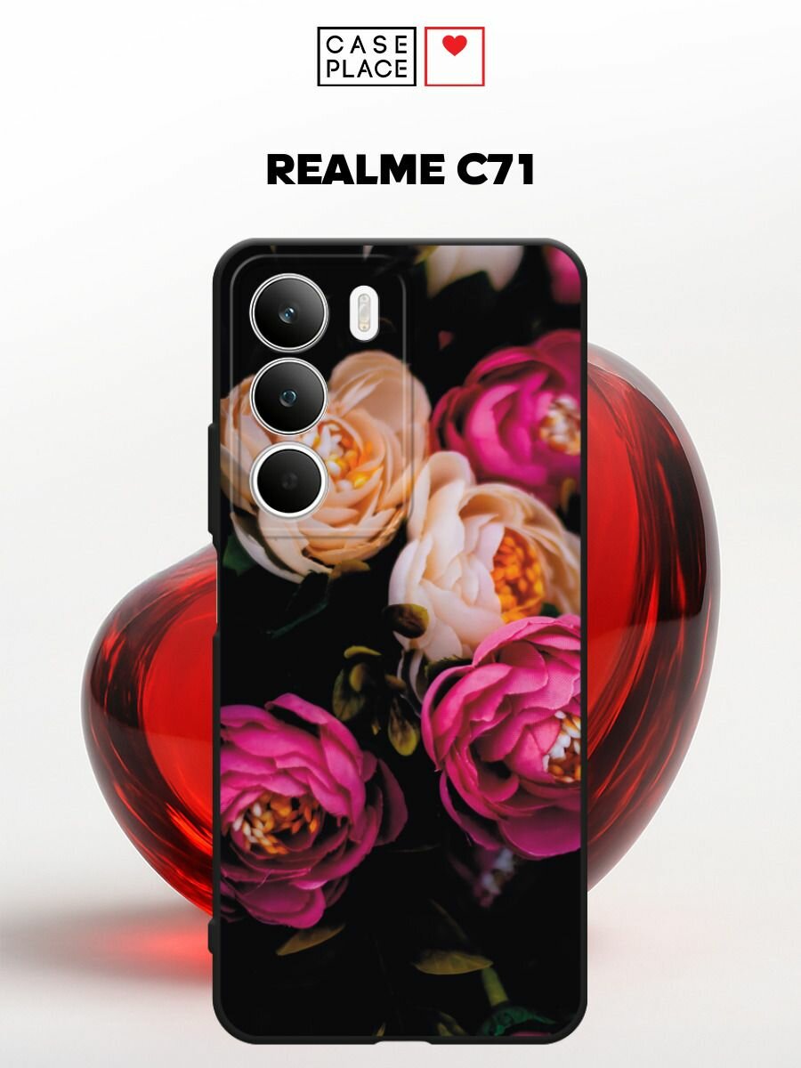 Черный матовый чехол на Realme C71/P3 Lite 4G / Реалми С71/P3 Лайт 4G с принтом Бордовые пионы