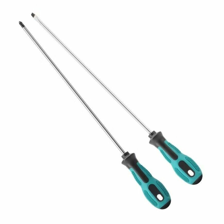 Крестовая и плоская отвёртки с длинной зелёной резиновой ручкой 3*600 мм