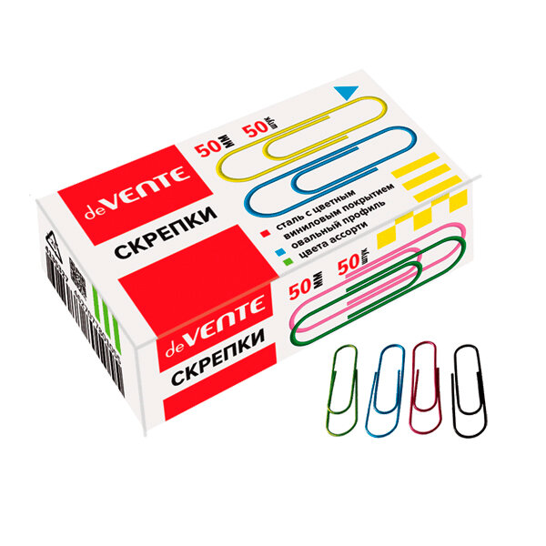 Скрепки " deVente " 50мм металлические, цветные, 50 штук в картонной коробке, количество: 10 штук