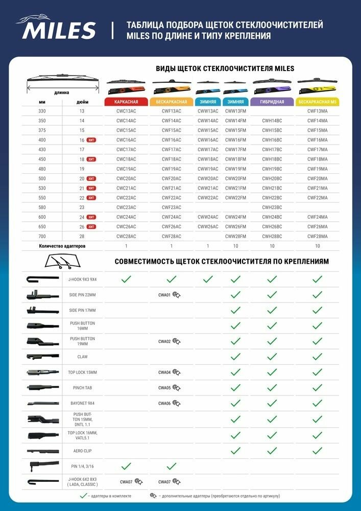 MILES Щетка стеклоочистителя 450 мм (18) гибридная (10 адаптеров) CWH18BC