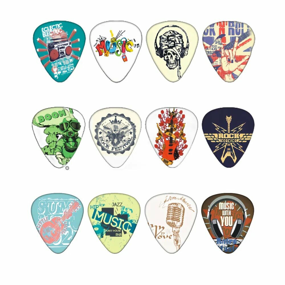 Гитарные медиаторы 12 шт 0.71мм, двусторонняя печать с уникальными рисунками (12 дизайнов), набор из целлулоида для акустической, электрогитары и укулеле, для детей и взрослых