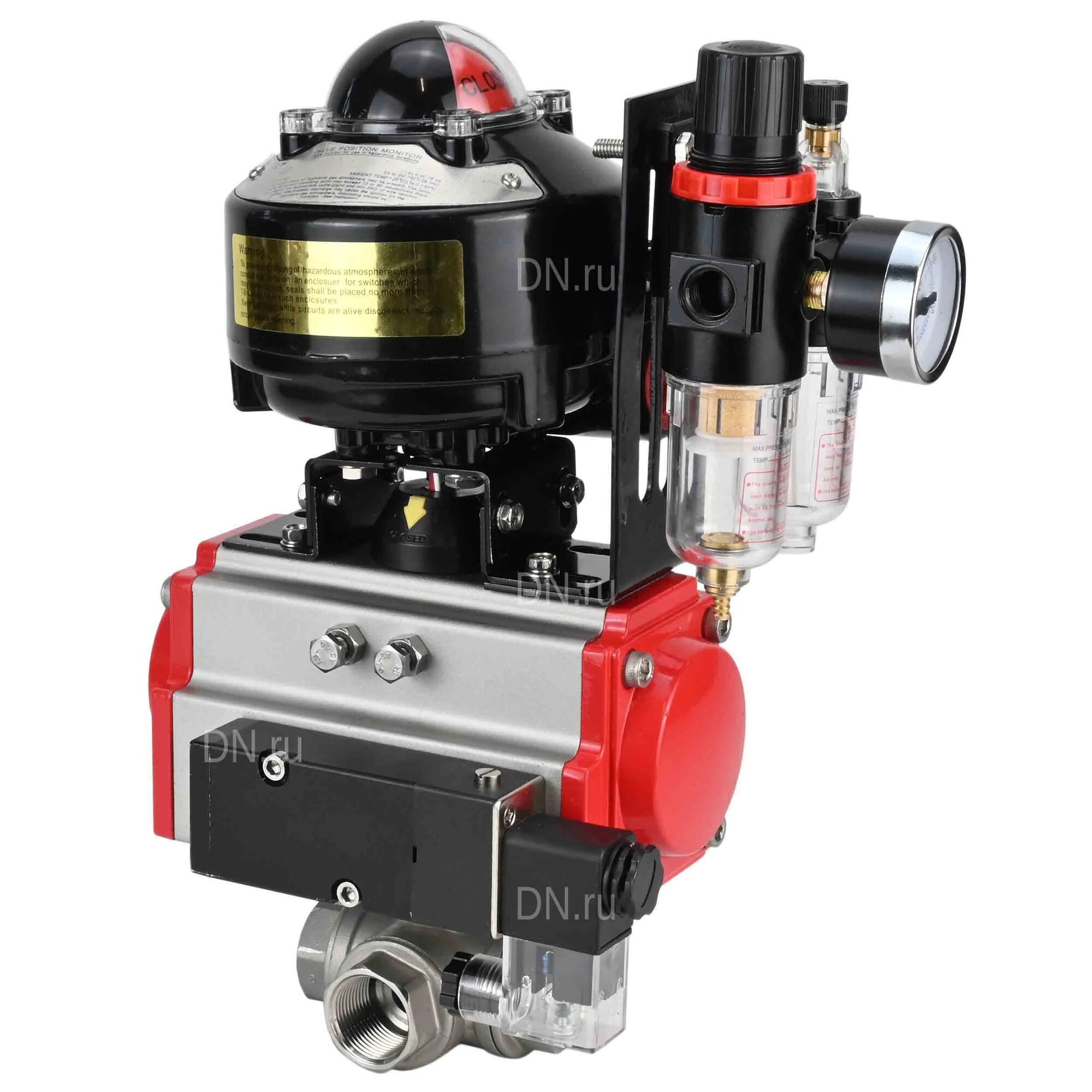 Кран шаровой DN.ru RP. SS316.200. MM 1/2" Ду40 Ру63 стандартнопроходной трехходовой L-тип, нержавеющая сталь SS316, внутренняя резьба, PTFE, с пн. приводом SA-083 пн. распределителем PND2-S1EM-52-1NC-J08-220VAC БПВ APU1-10-40-V08 БКВ LSB-510-02ExM12-250