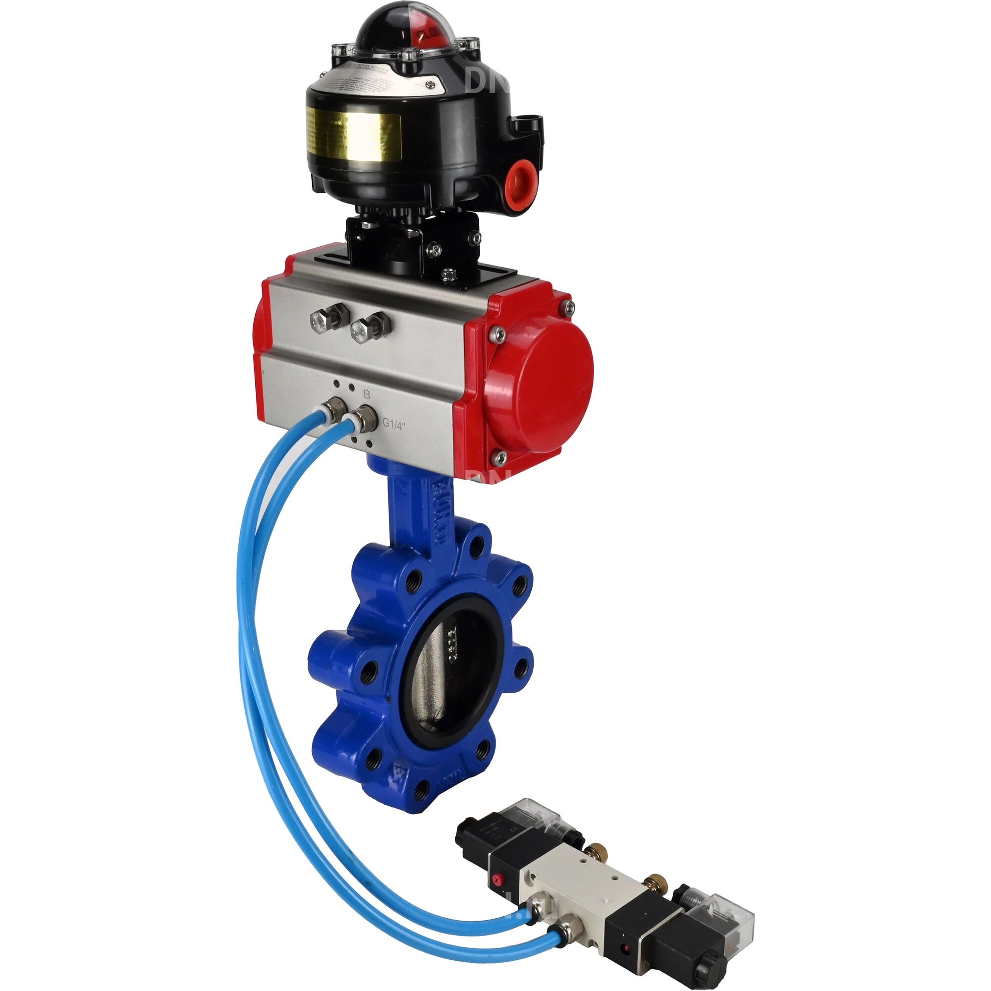 Затвор дисковый поворотный DN. ru QT450-QT450-NBR-2W-Fb-H Ду100 Ру16 чугун QT450, диск чугун QT450, уплотн. NBR, межфланц, с пн. прив. SA-130, пн. распред. PND1-S2EM-52-2-T10-220VAC и БКВ LSB-510-02ExM12-250