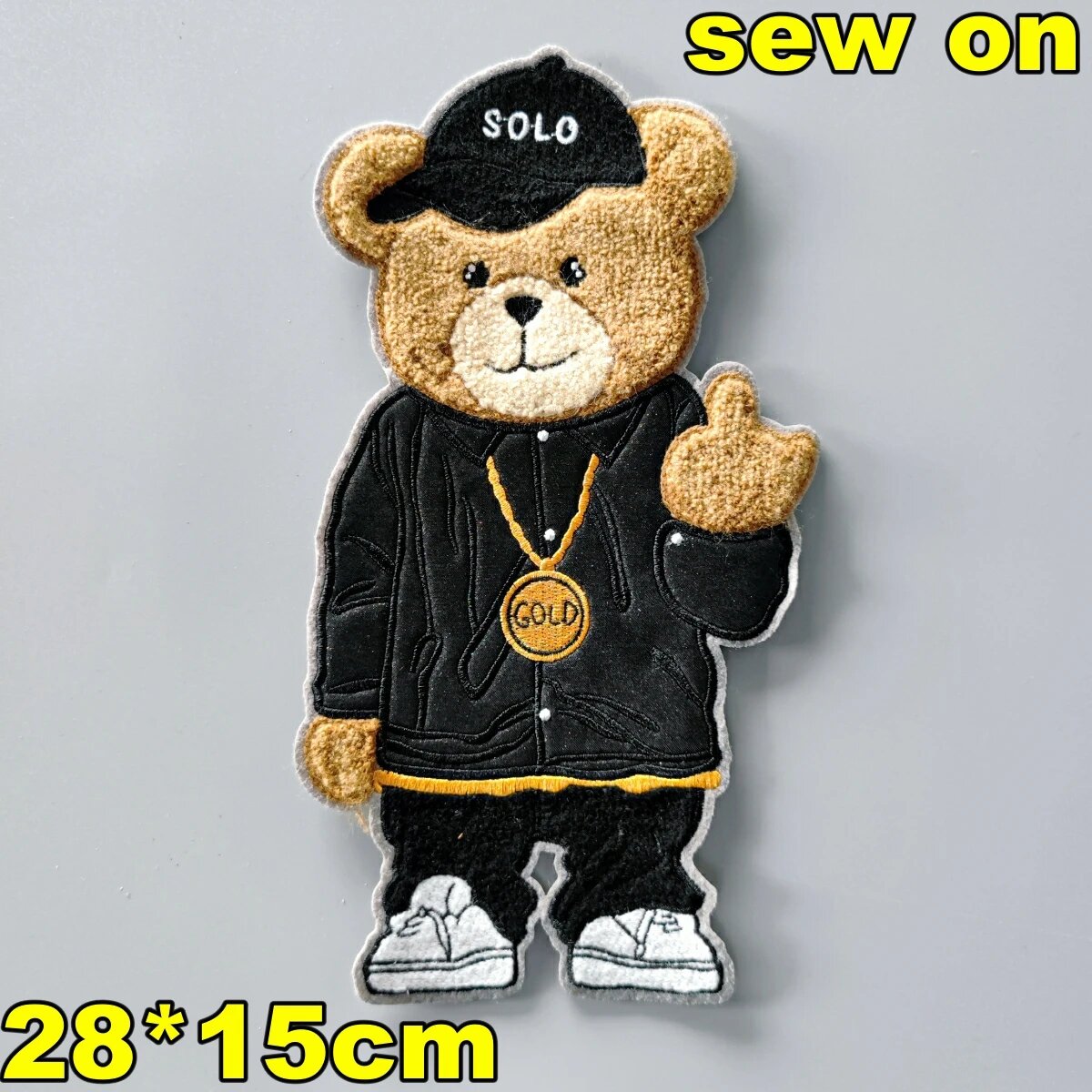 Вышитая нашивка "Solo Bear" черная, 28*15 см