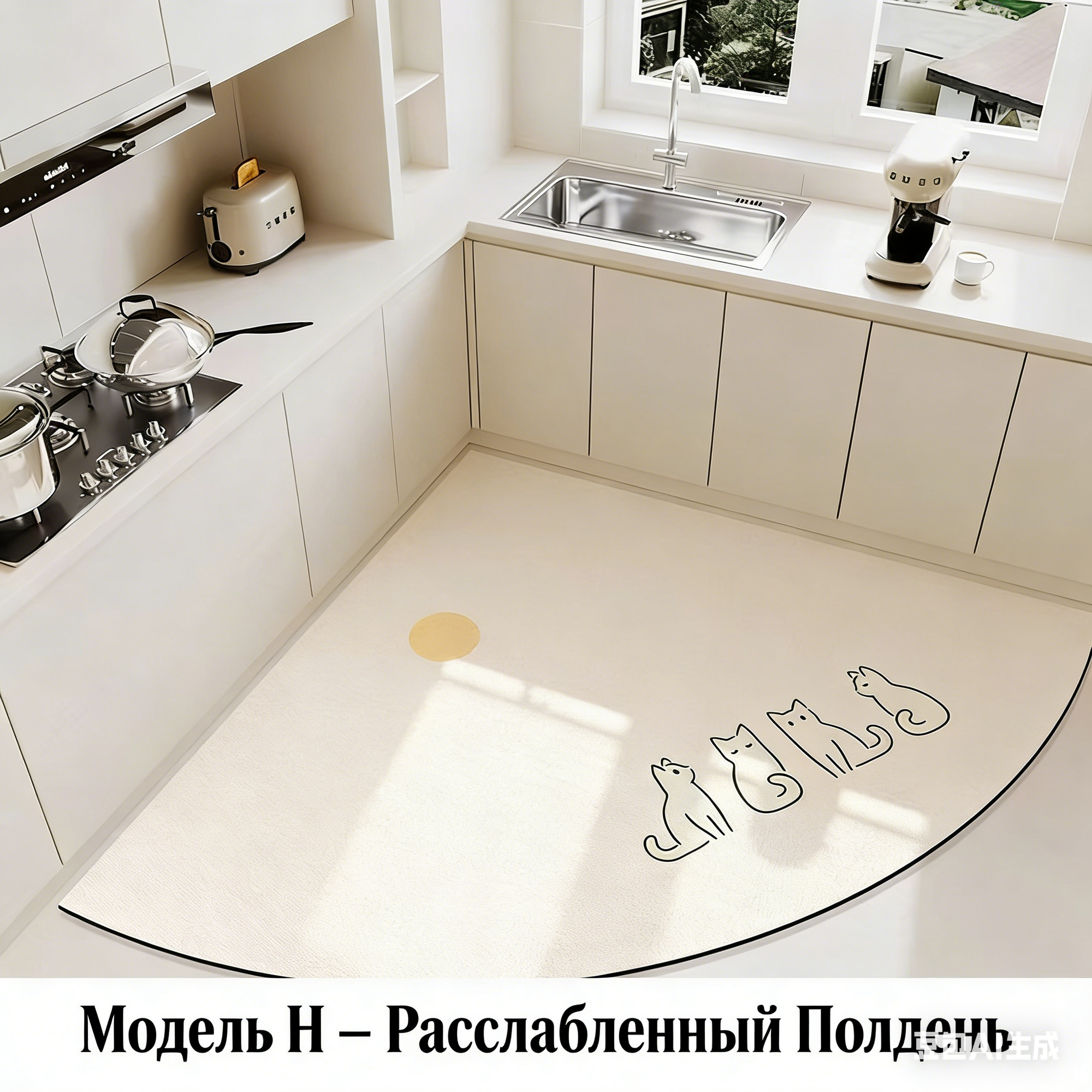 Коврик безворсовый кухонный угловой 80х80 см на пол Кухонный ковер в форме сердца, Модель H – Расслабленный Полдень