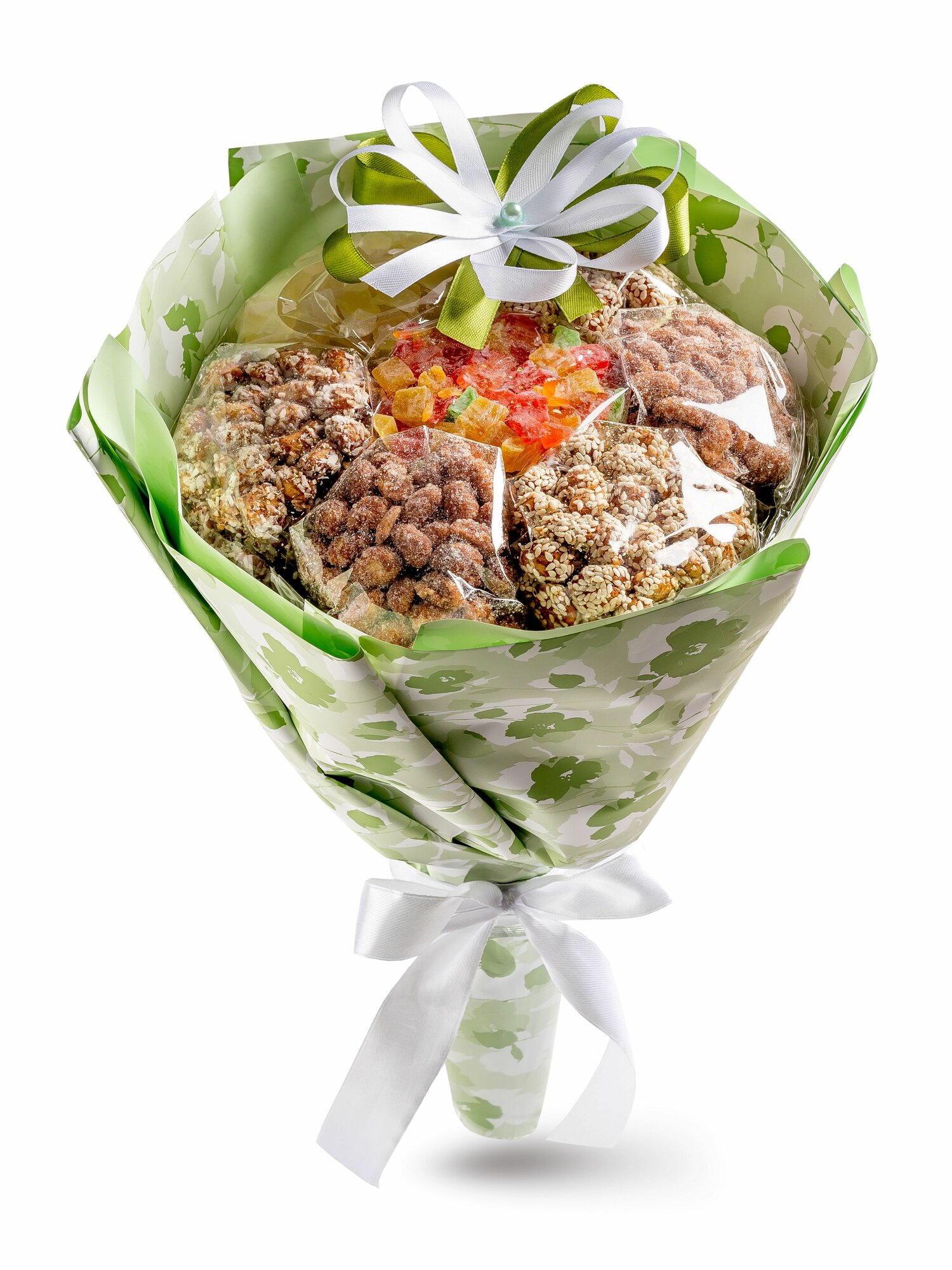 Букет из сладостей и цукатов маме, подруге "Хорошего настроения", 490 гр (зеленый меланж)