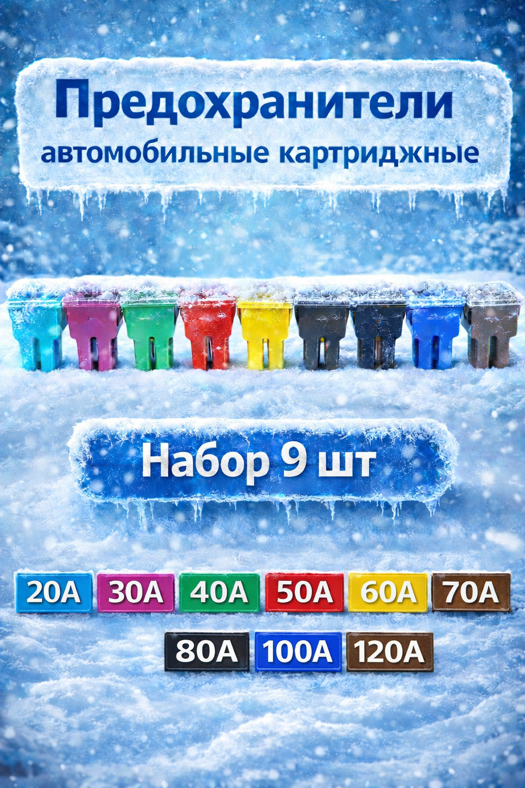 Предохранители автомобильные силовые картриджные набор 9 штук