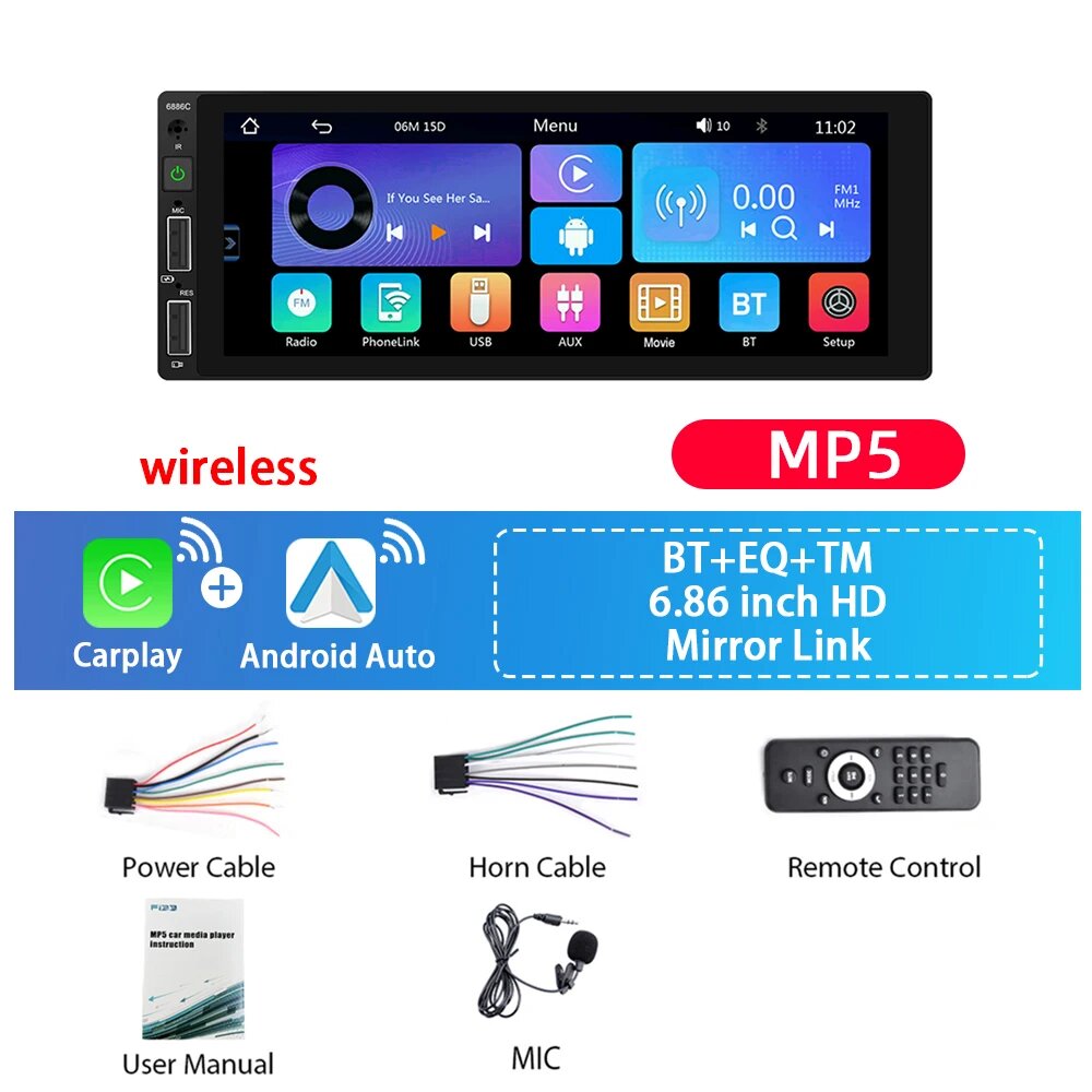 Автомагнитола Podofo 1 Din, Android, Carplay, MP5/2 + 64 ГБ, Bluetooth, 6,86 Wireless carplay MP5