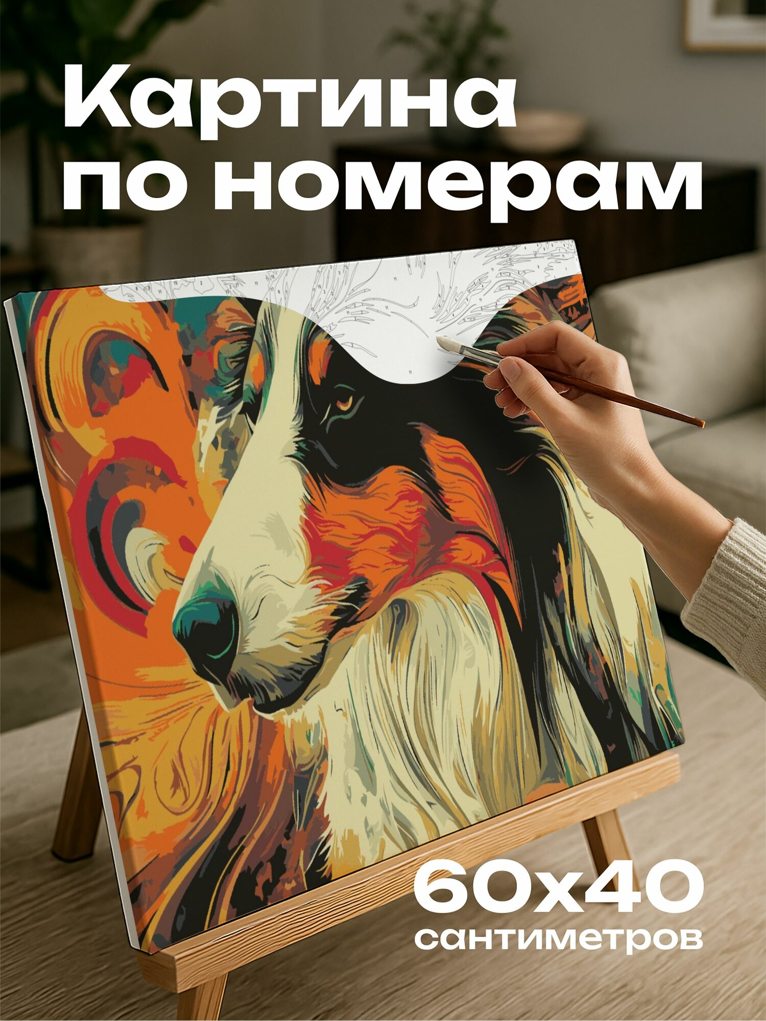 Картина по номерам 60x40 см, колли, цифровое изображение, уверенность, самообладание, абстрактный фон, динамичные цвета