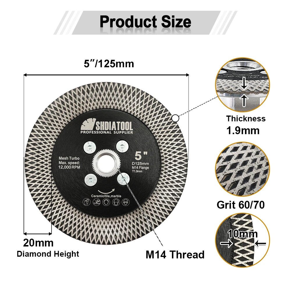 SHDIATOOL Алмазный диск для резки и шлифовки 105/115/125 мм M14 Flange, 125MM