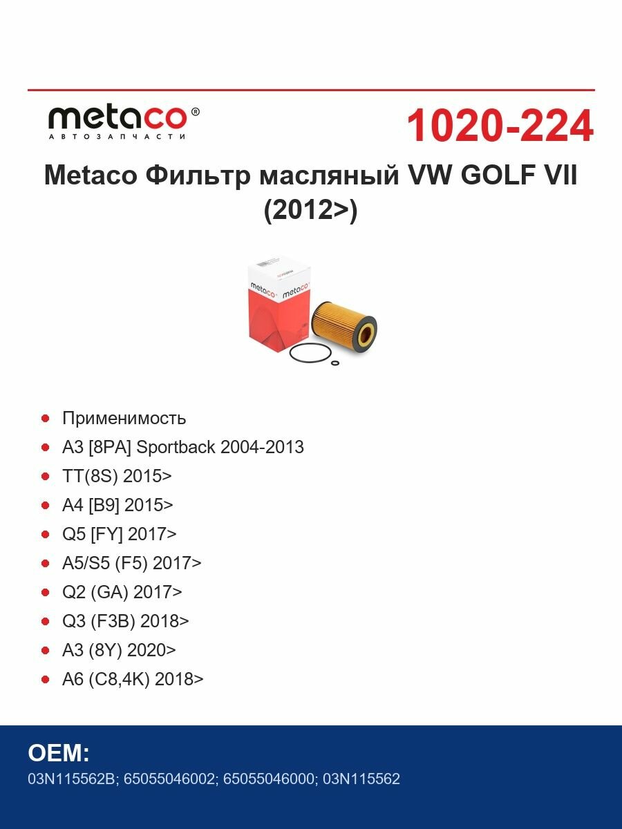 Metaco Фильтр масляный VW GOLF VII (2012>)