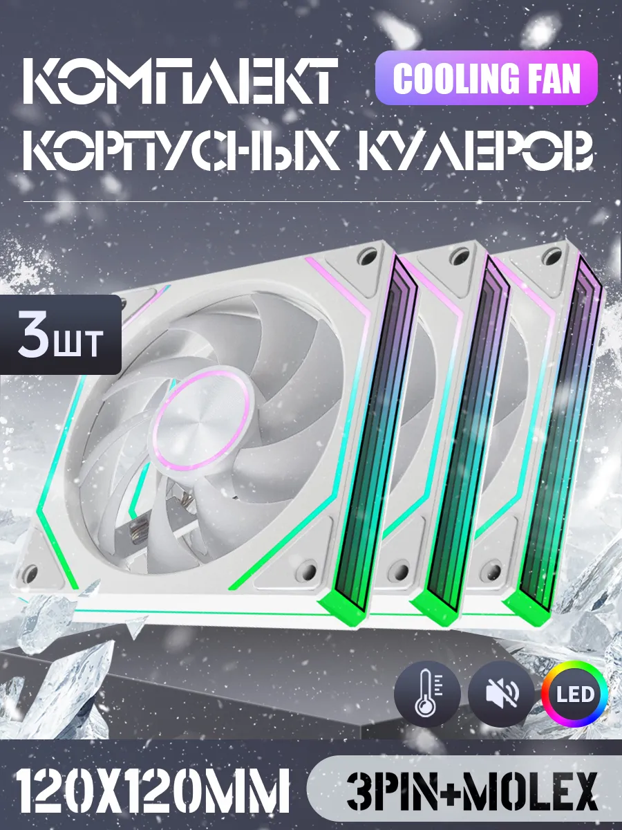 Вентилятор для пк 120 мм *3 шт, Вентилятор для корпуса компьютера 120х120мм с RGB подсветкой.