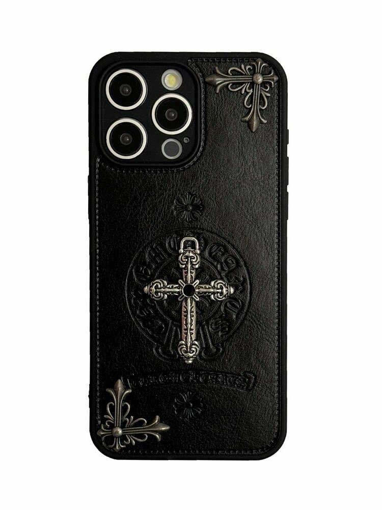 Чехол для iPhone 15 с Chrome Hearts / смартфона из экокожи чёрный с рельефным узором