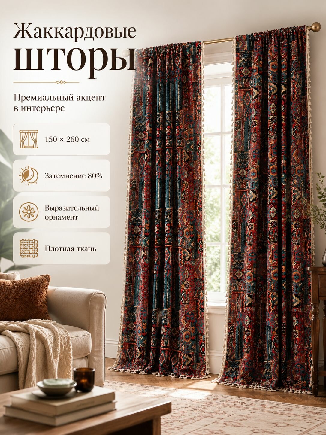 Штора портьера 150х260 см крепление Кулиска коричнево-красный